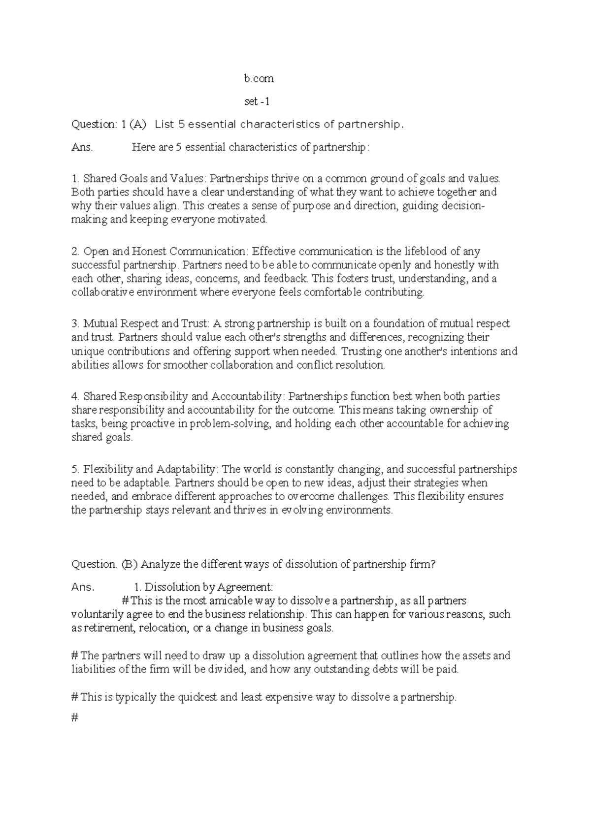 B - Summary Bachelors of commerce - b set - Question: 1 (A) List 5 ...