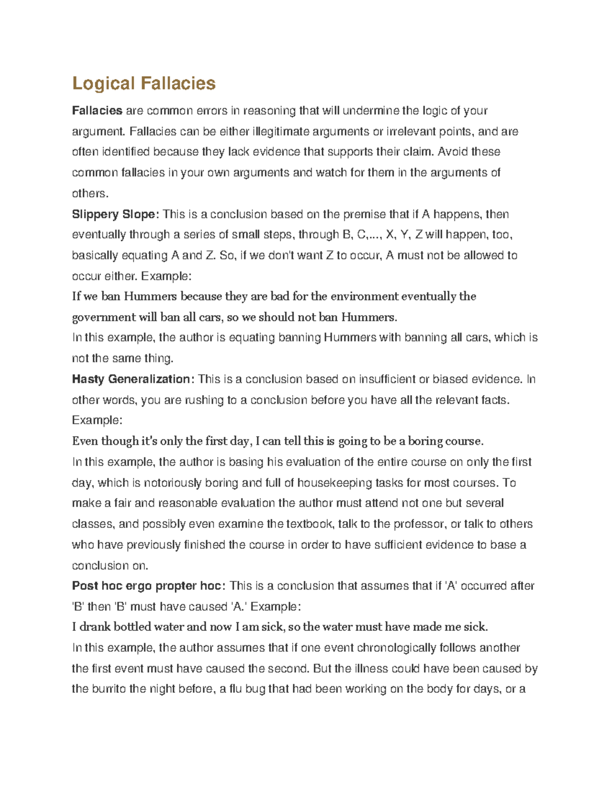 Logical Fallacies - Reading - Logical Fallacies Fallacies are common ...