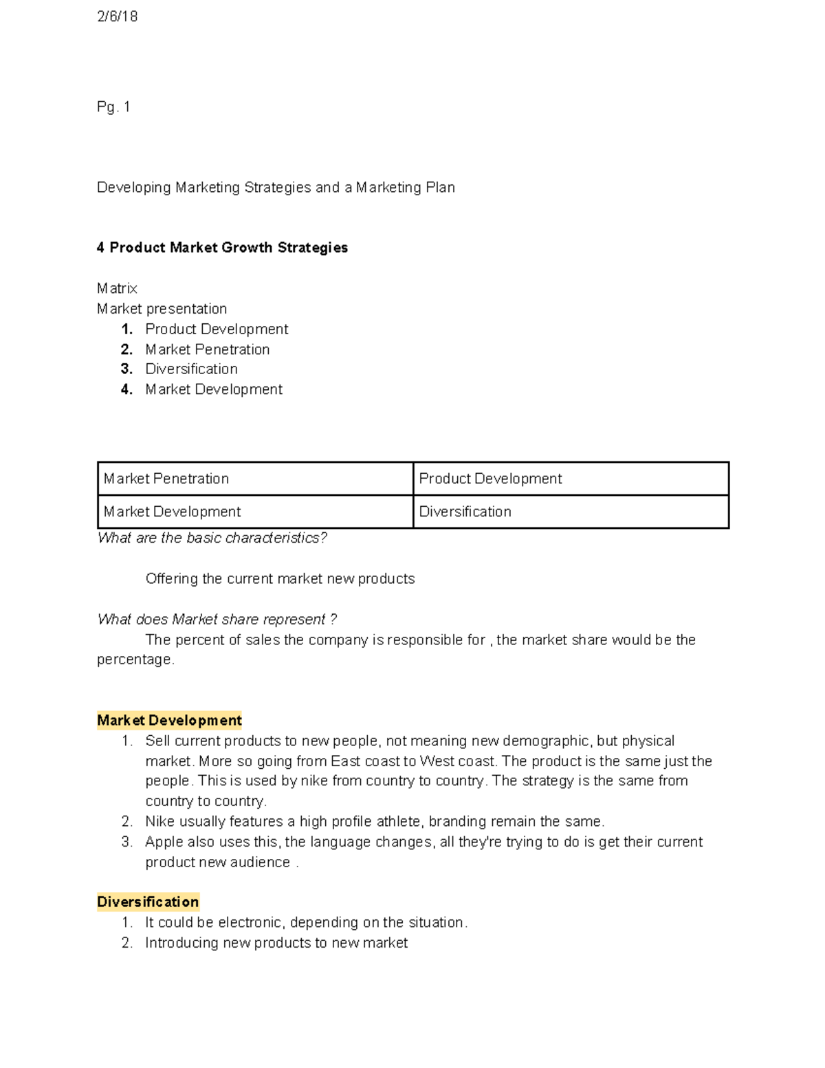 MKT 3100 Chapter based notes - 2/6/18 Pg. 1 Developing Marketing ...