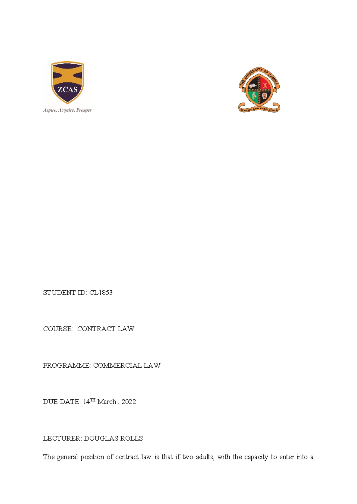 Contract Law Tutorial work - STUDENT ID: CL COURSE: CONTRACT LAW ...