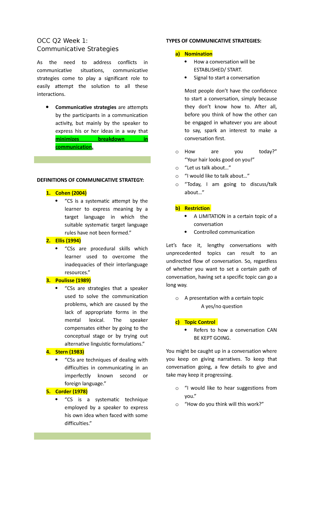 OCC Q2 Reviewer - OCC Q2 Week 1: Communicative Strategies As the need to address conflicts in ...