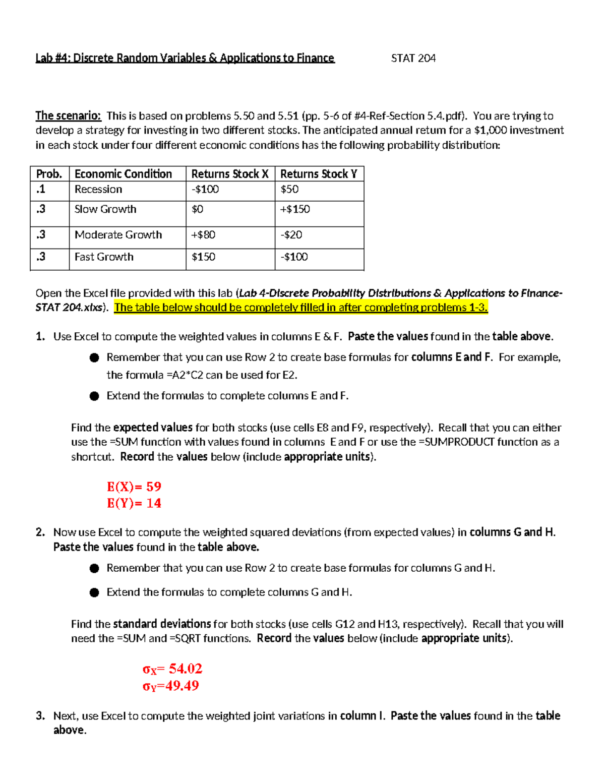 Lab 4 Stat 204 Discrete Random Variables And Applications To Finance Lab 4 Discrete Random