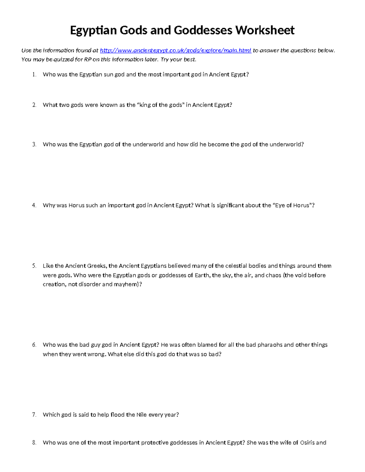 Egyptian Gods and Goddesses Worksheet - co/gods/explore/main.html to ...