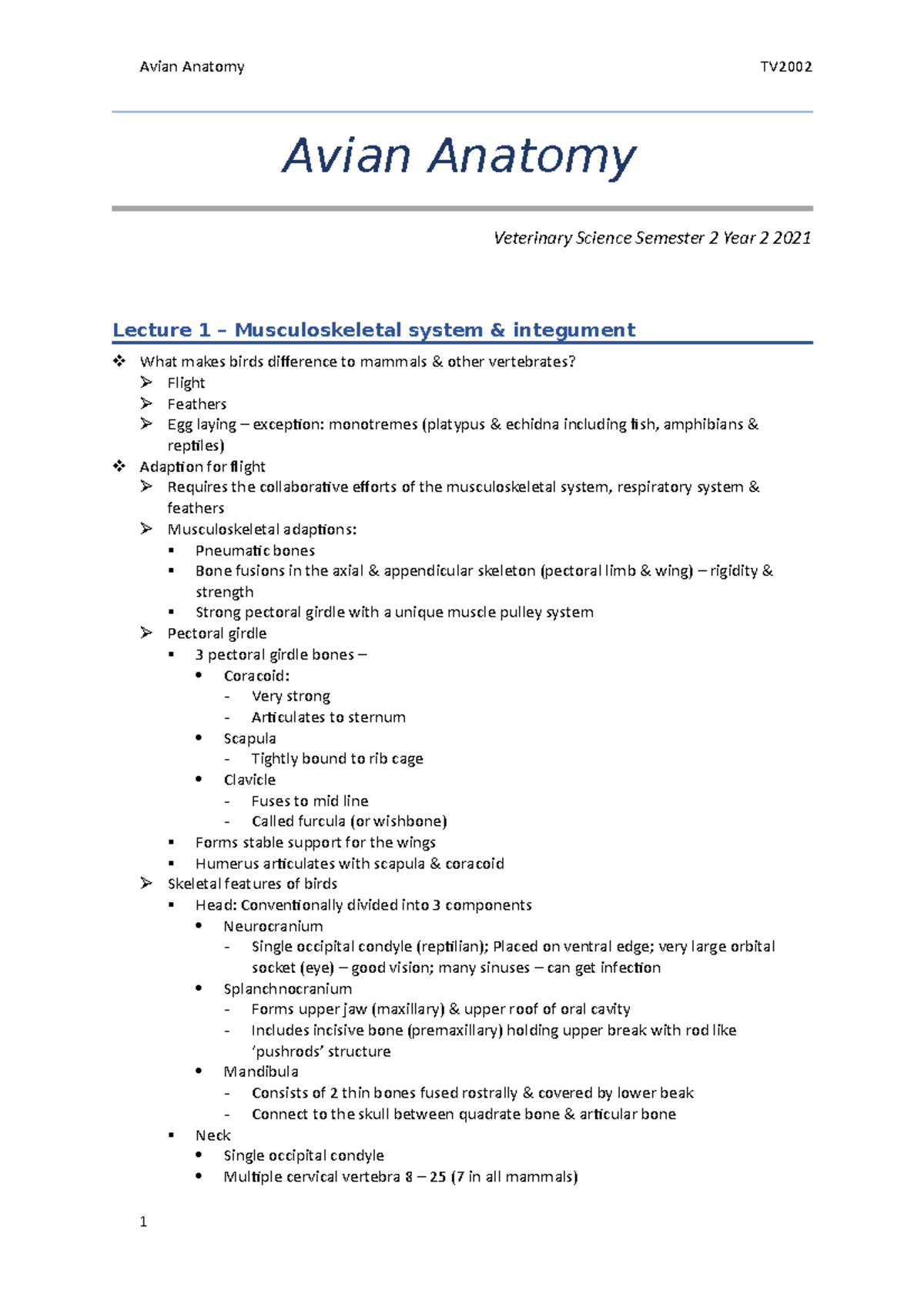 Avian Anatomy: Musculoskeletal System and Integument - Studocu