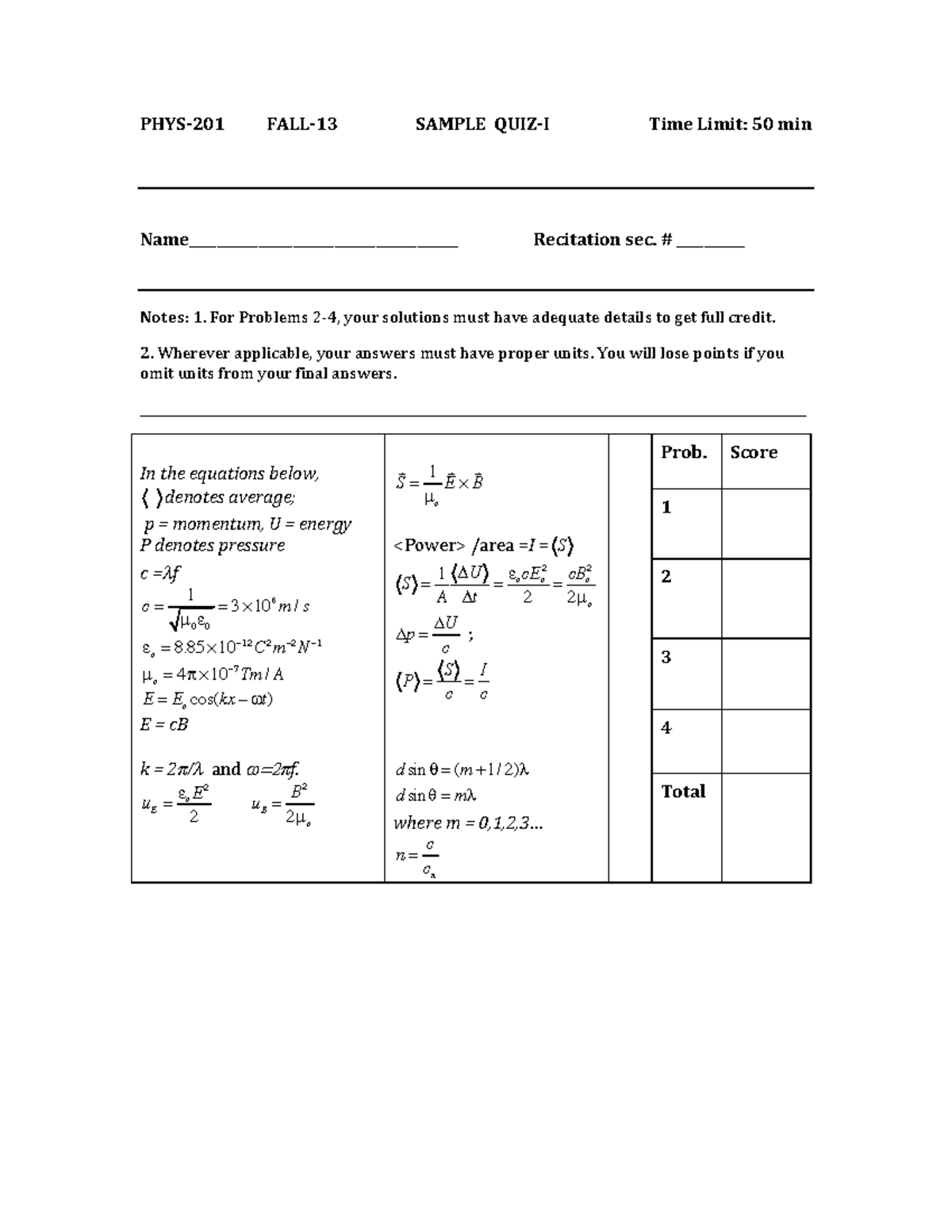 PHYS-201- Sample Midterm-I - PHYS-­‐ 201 FALL-­‐ 13 SAMPLE QUIZ-­‐I ...