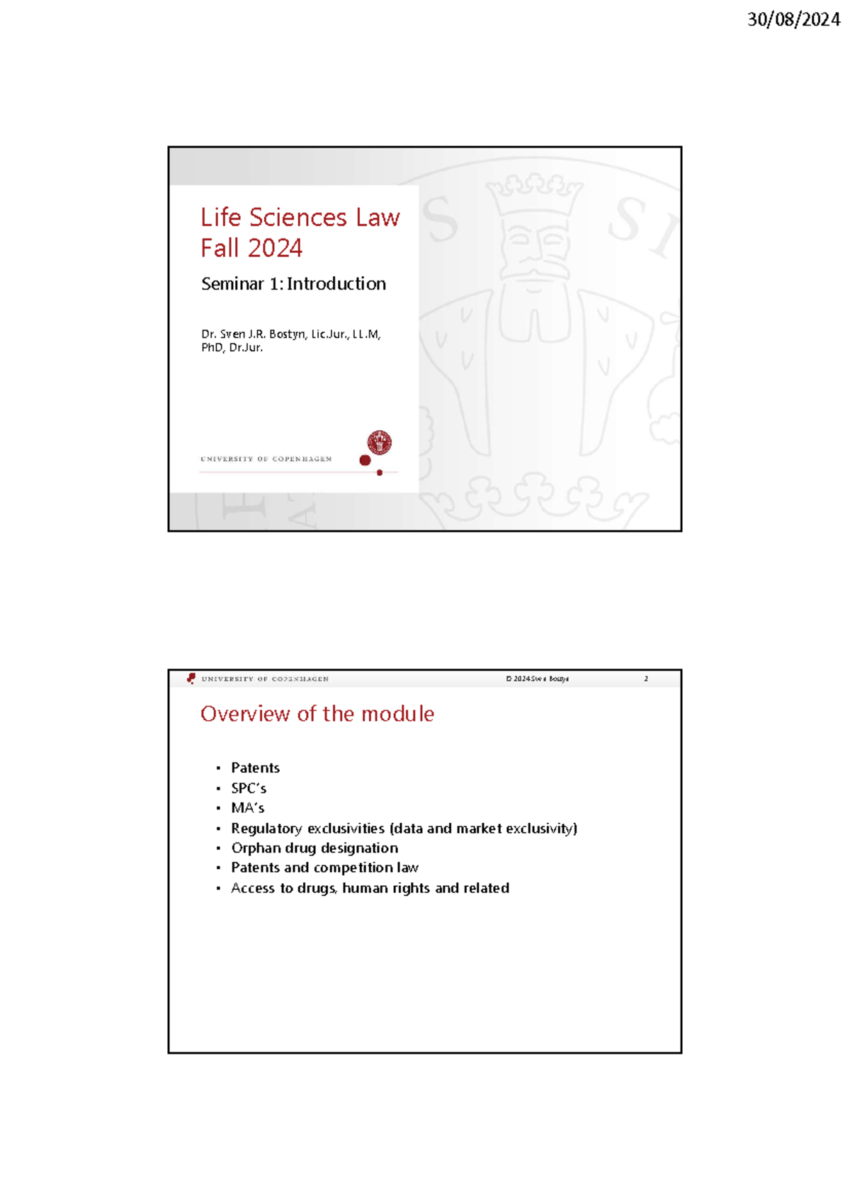 Life Sciences Law 2024 seminar 1 - Introduction - Seminar 1 ...