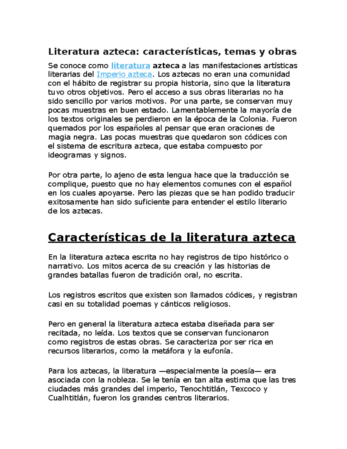 Literatura Azteca - Apuntes 1 - Literatura azteca: características ...