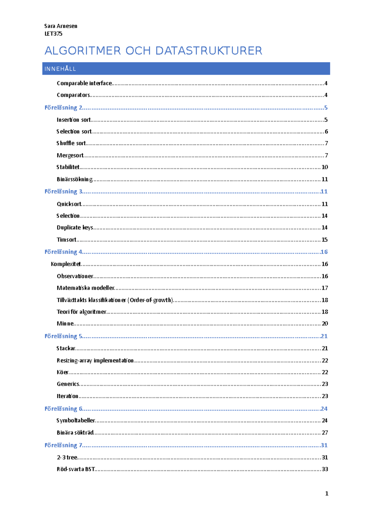 Algoritmer och datastrukturer - LET375 - Chalmers - Studocu