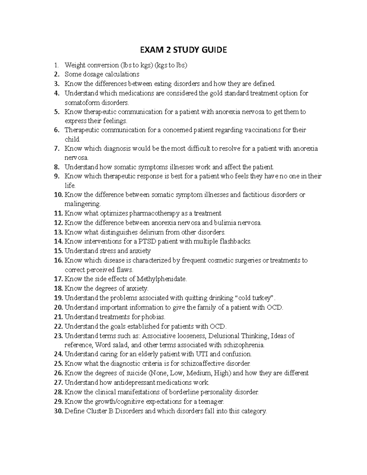 Document 2 Exam Study Guide EXAM 2 STUDY GUIDE Weight Conversion