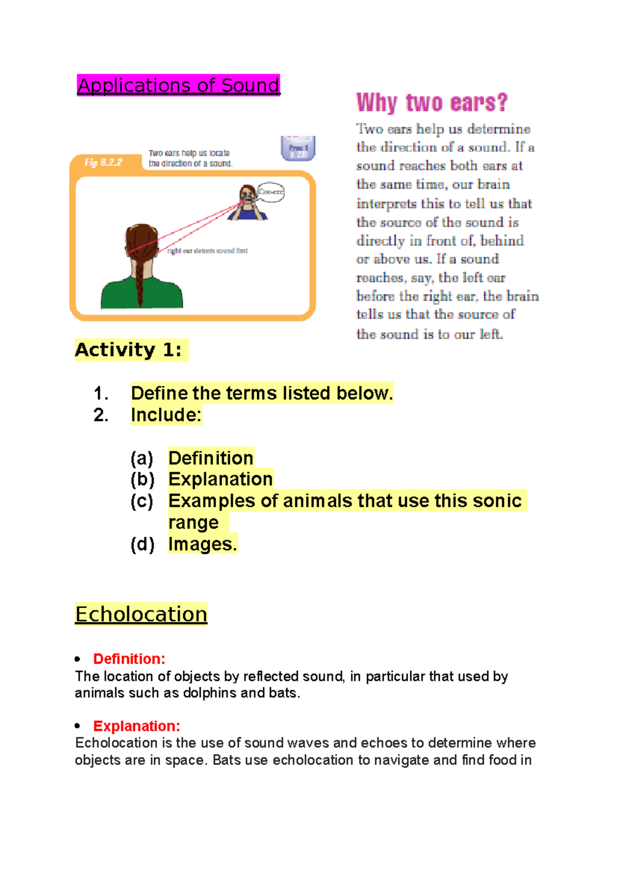 Applications of Sound - Applications of Sound Activity 1: 1. Define the ...