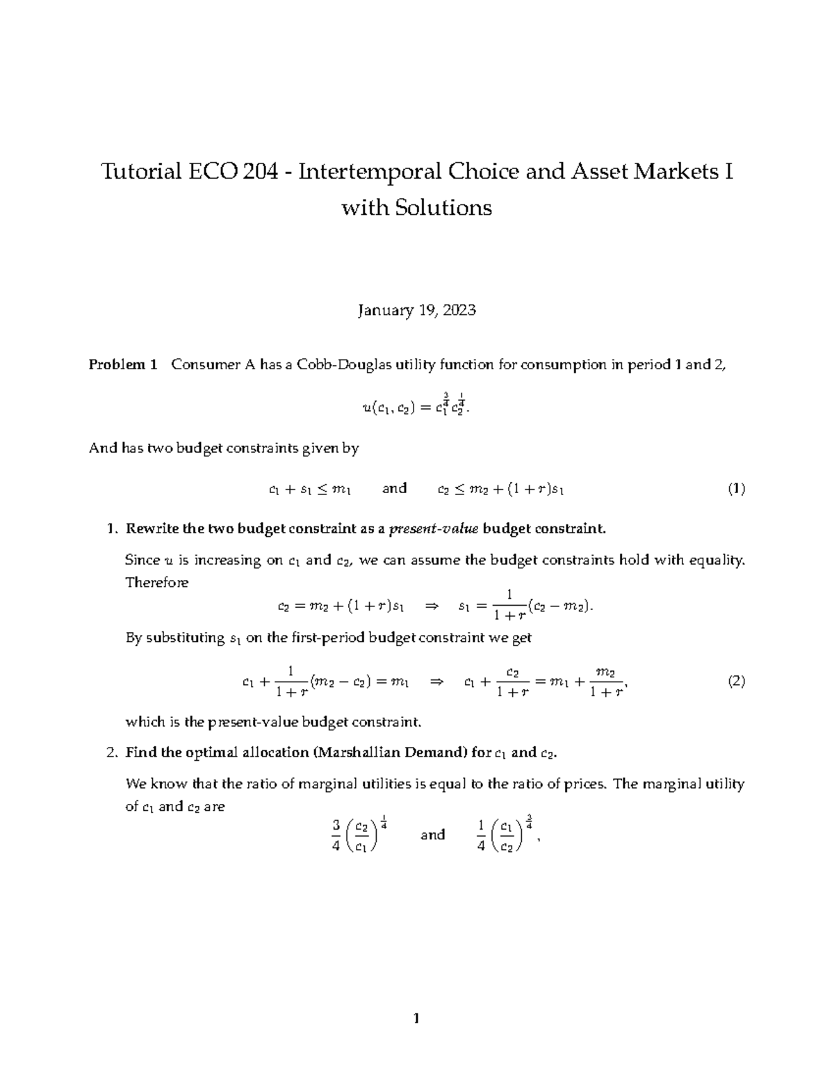 Tutorial 1 with Solutions - Eco204Y1 - U of T - Studocu