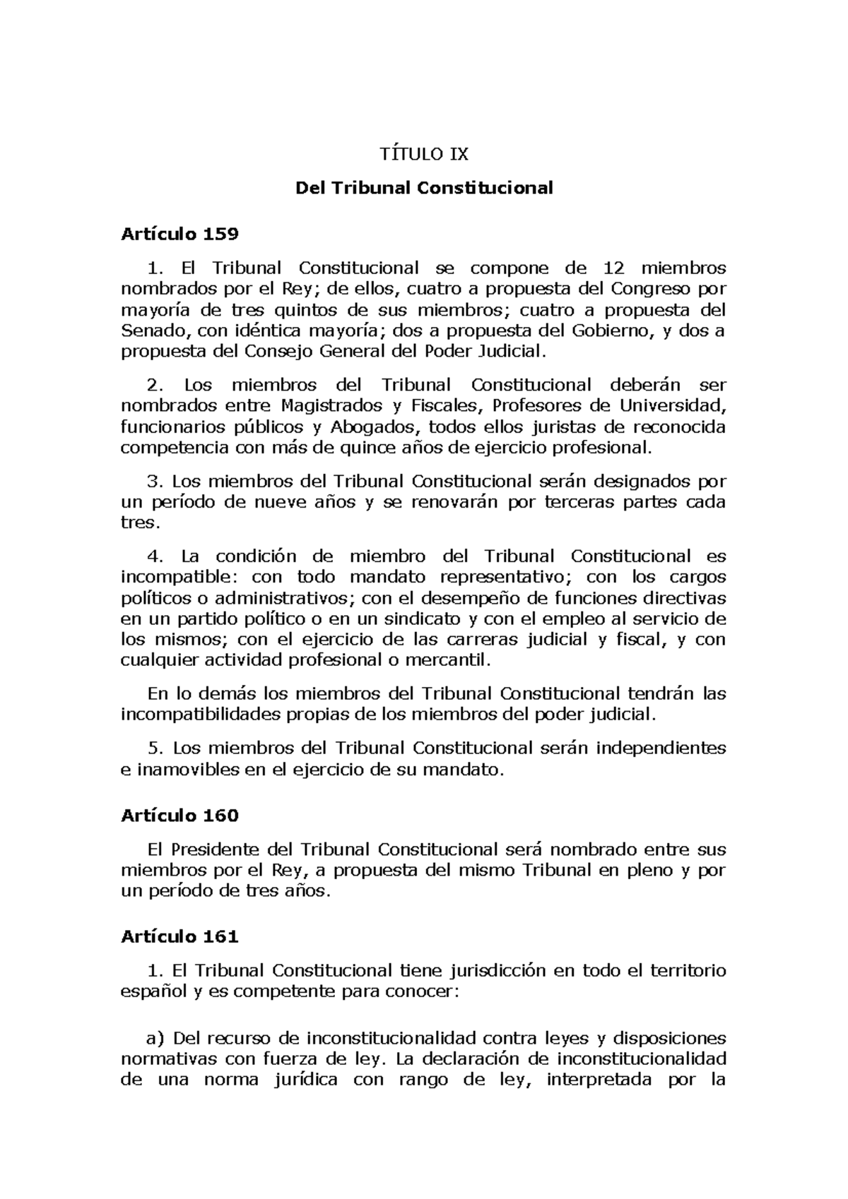 CE 1978 Título IX - TÍTULO IX Del Tribunal Constitucional Artículo 159 El Tribunal ...
