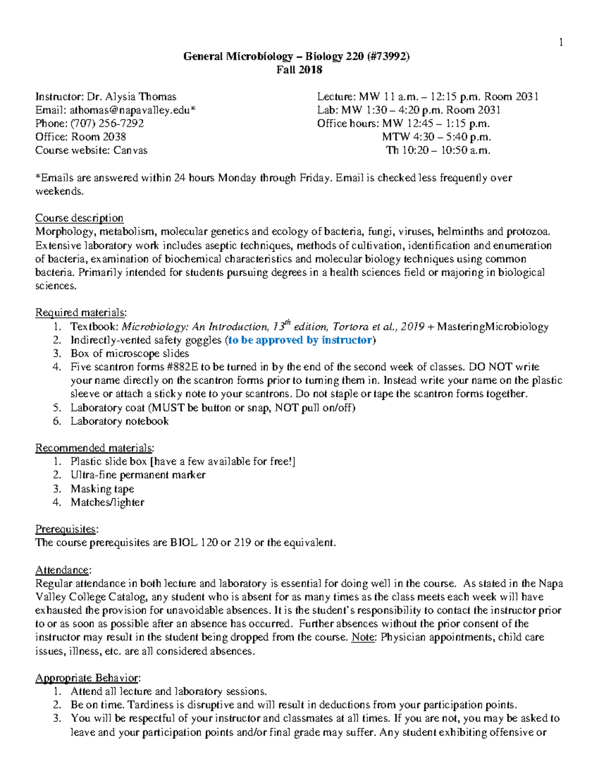 BIO 220 syllabus MW Fall 2018 - General Microbiology – Biology 220 ...