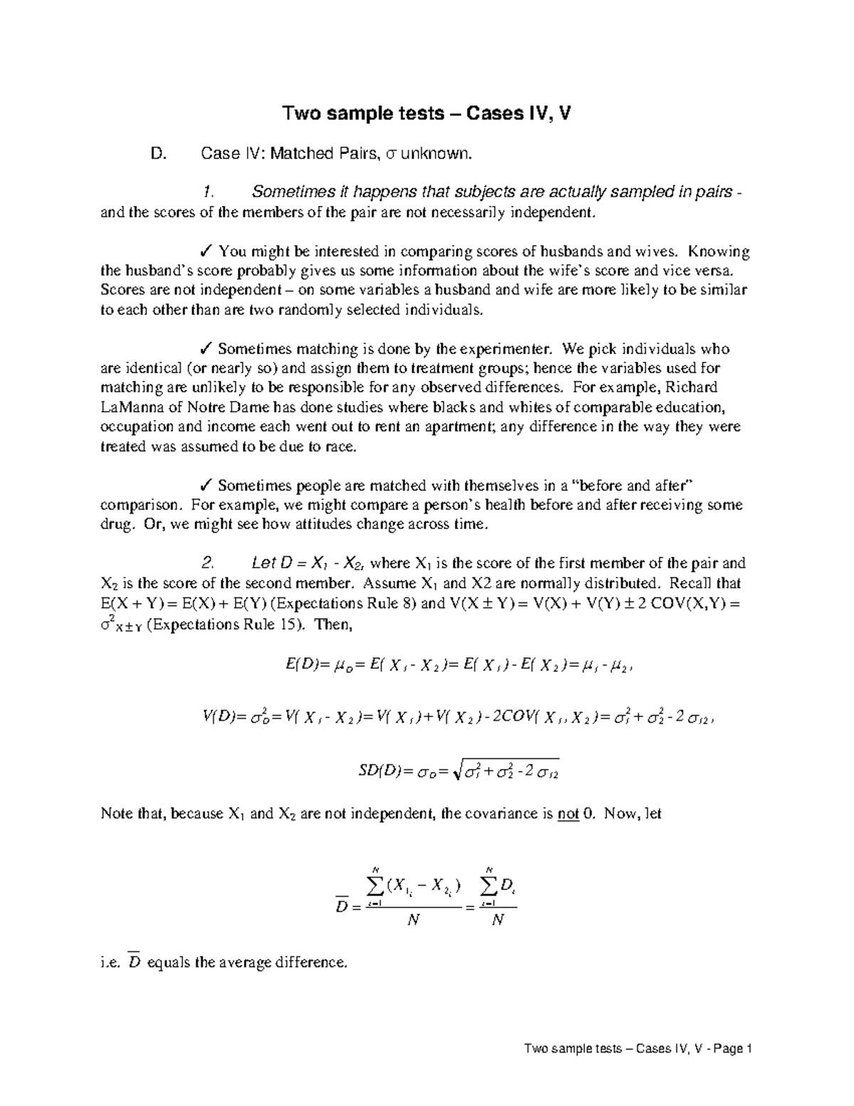Two sample tests – Cases IV, V - Case IV: Matched Pairs, σ unknown ...