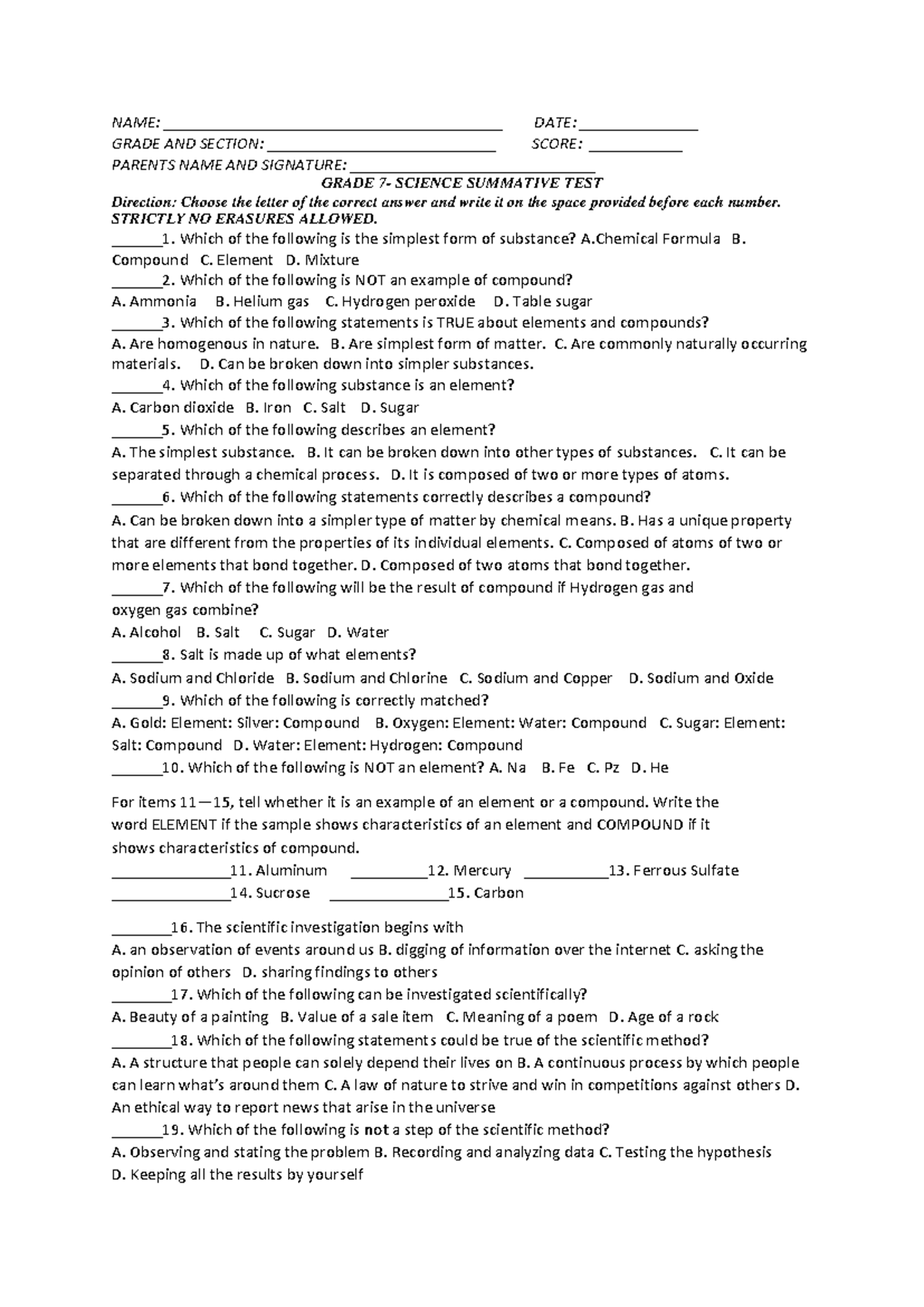 G7 Science 1ST Summative TEST - NAME ...