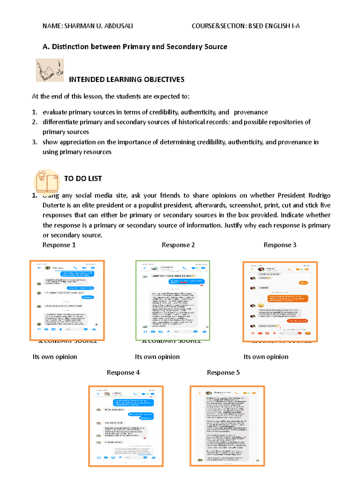 Activities Module 1 PART 2 - NAME: SHARMAN U. ABDUSALI COURSE&SECTION: BSED ENGLISH I-A A. - Studocu