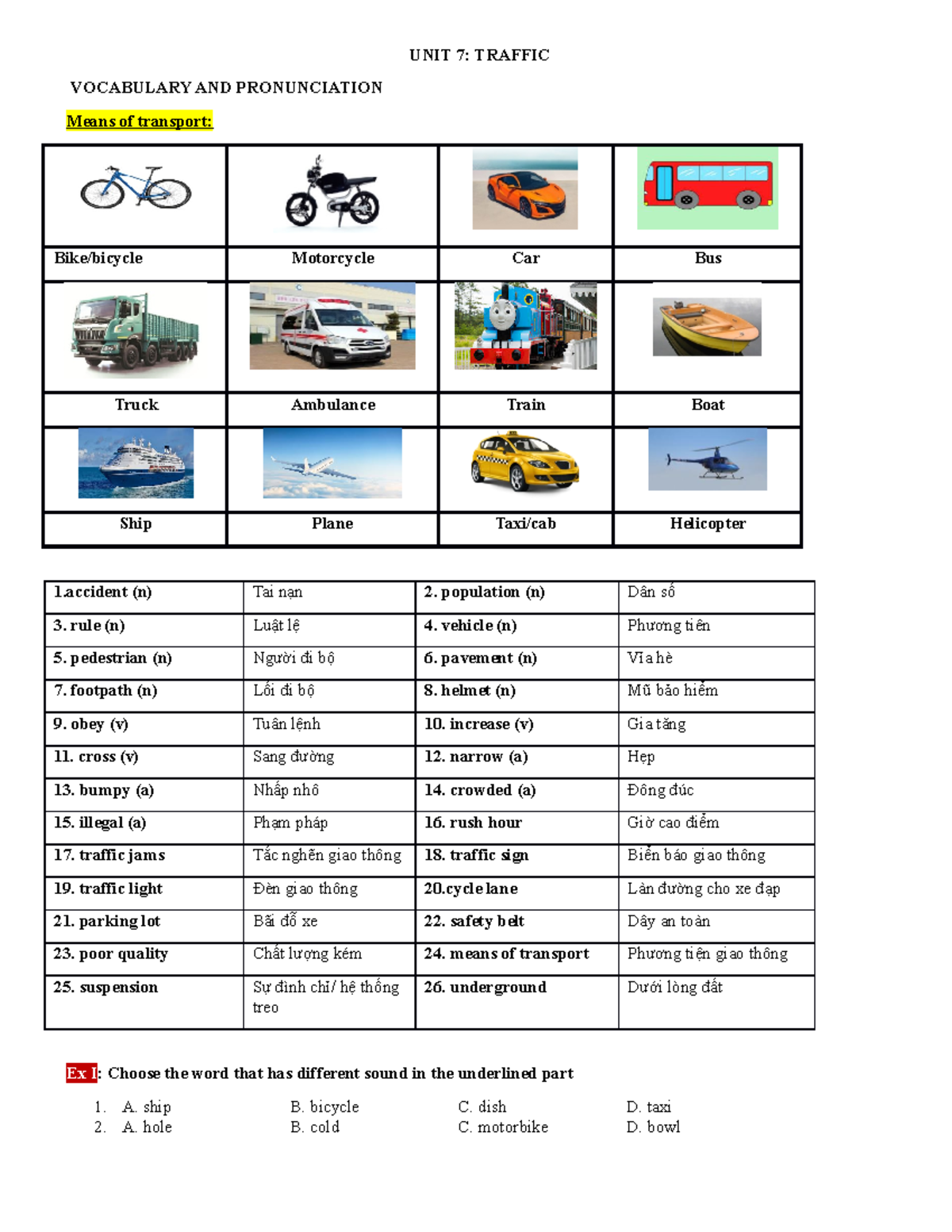 U7 - E7 - unit 7 english 7 - UNIT 7: TRAFFIC VOCABULARY AND ...