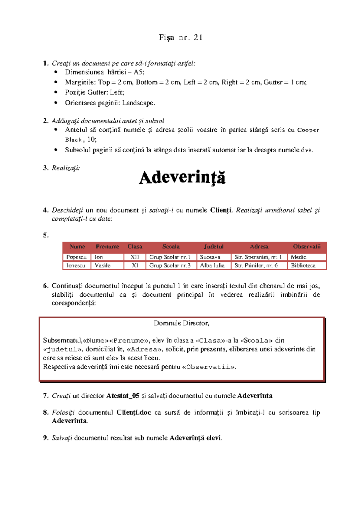 21word - Fisa de lucru Word - Fişa nr. 2 1 Creaţi un document pe care ...