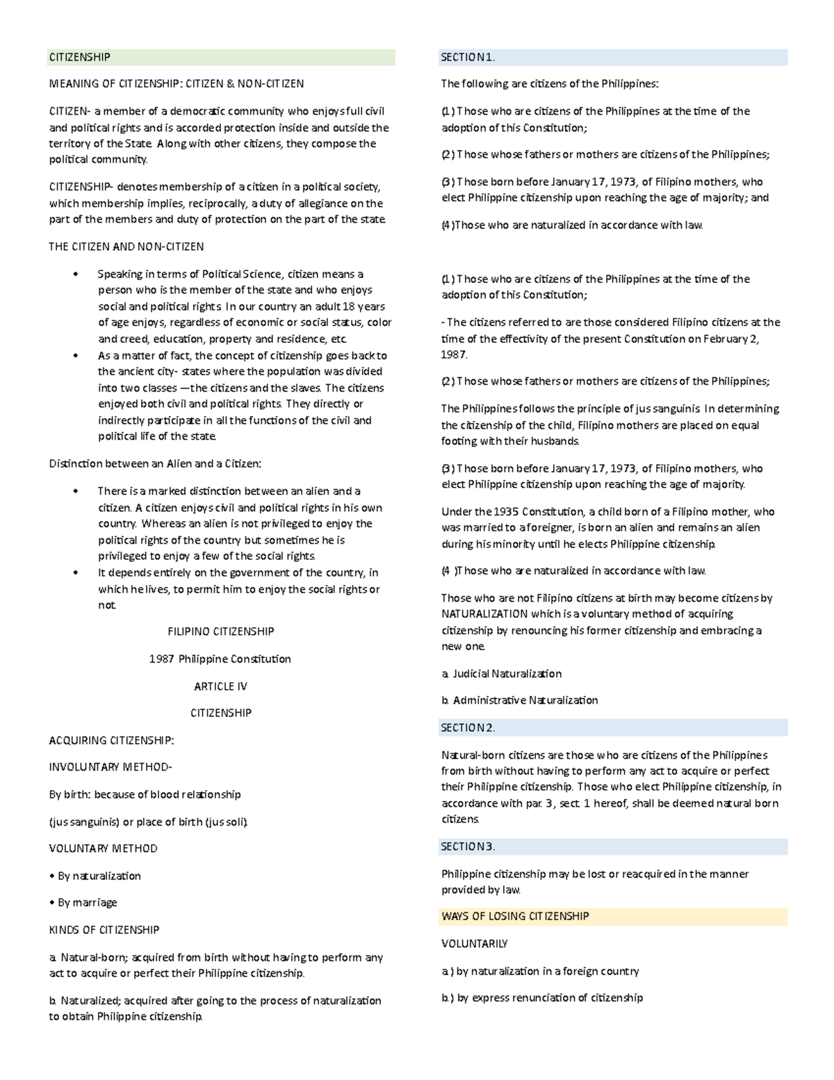 Citizenship - lecture notes Philippine politics and government ...