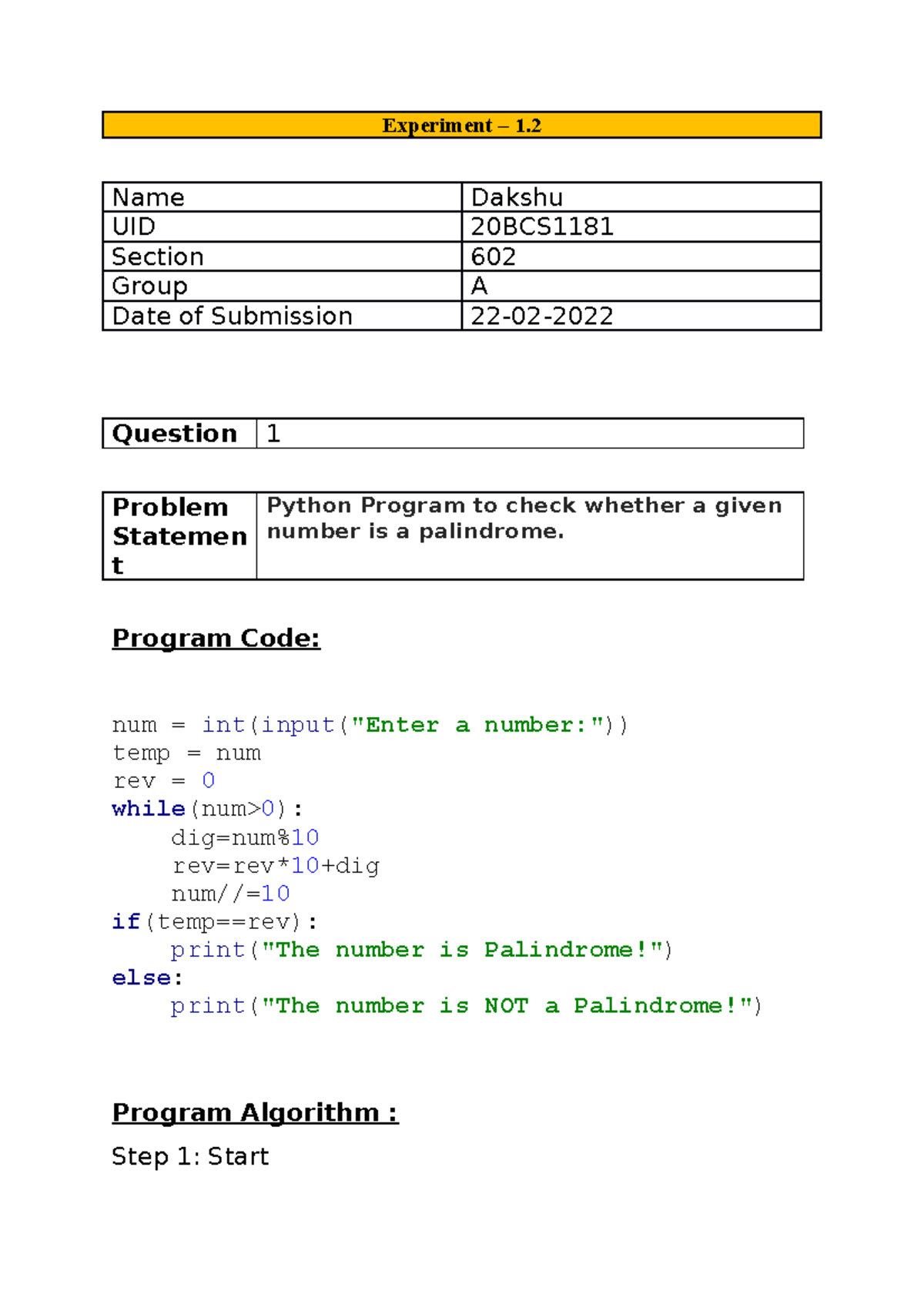 Dakshu 20BCS1181 Python Exp - 1 - Experiment – 1. Name Dakshu UID 20BCS ...