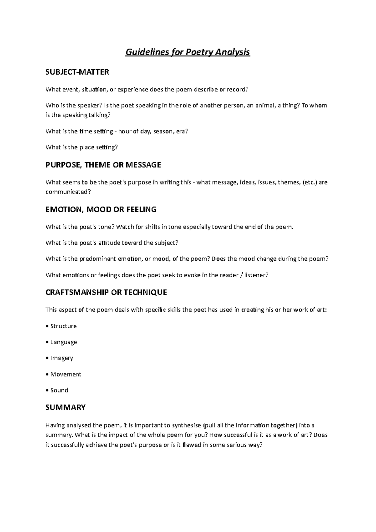 Guidelines for Poetry Analysis - step by step - Guidelines for Poetry ...