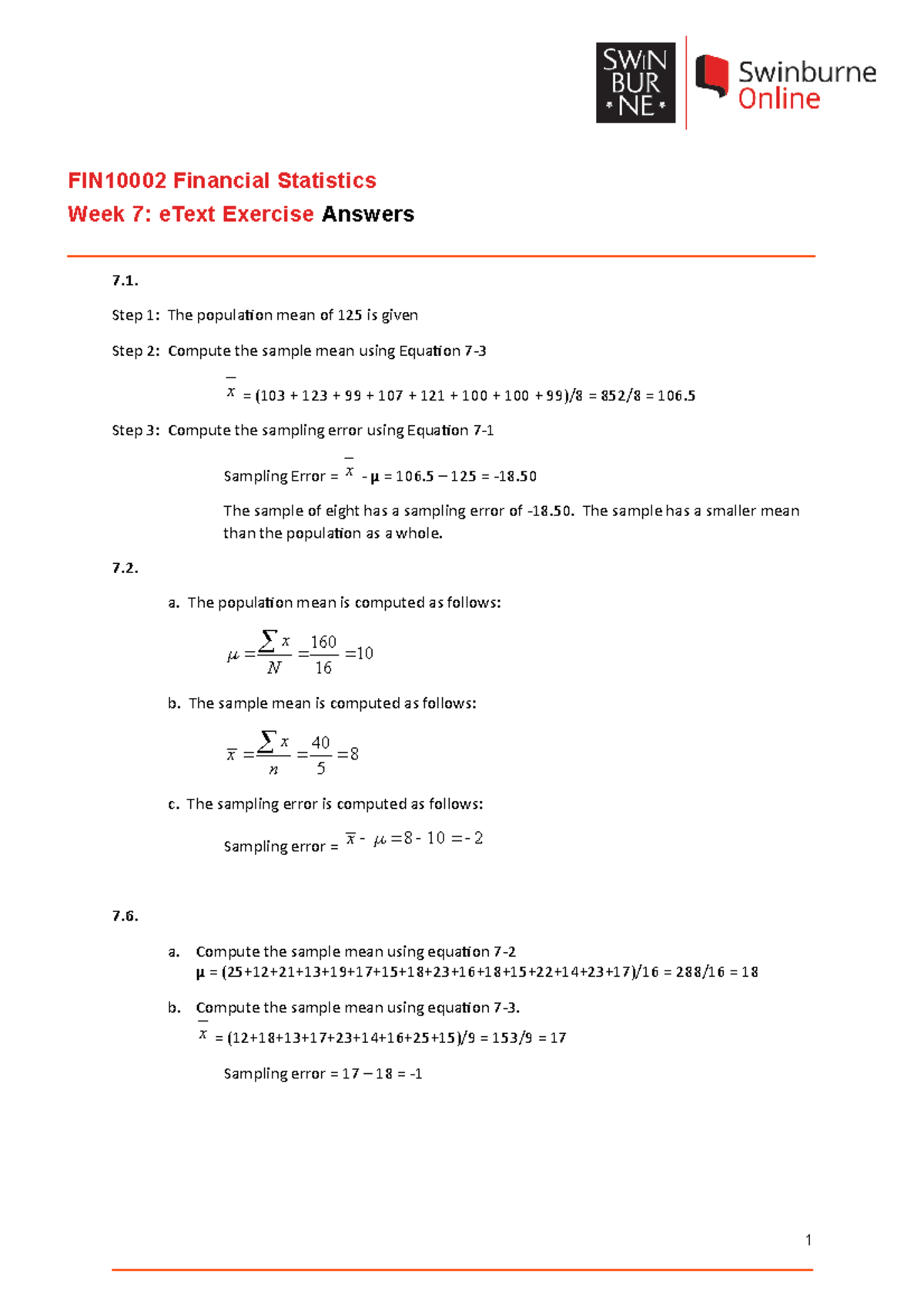 FIN10002 exercise answer week7 - FIN10002 Financial Statistics Week 7 ...