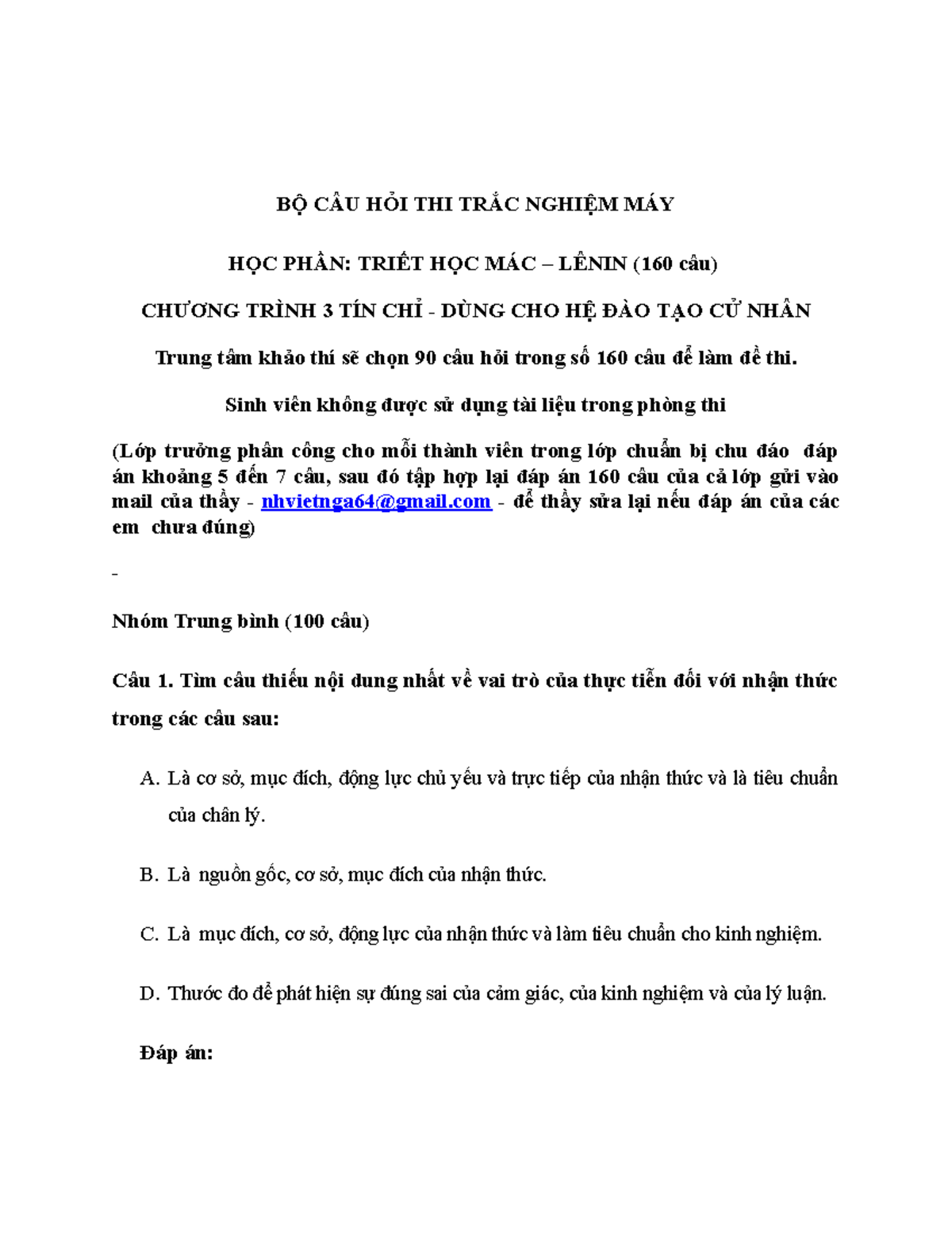 DE Triet GUI SINH VIEN (huong dan to chuc on) - BỘ CÂU HỎI THI TRẮC ...