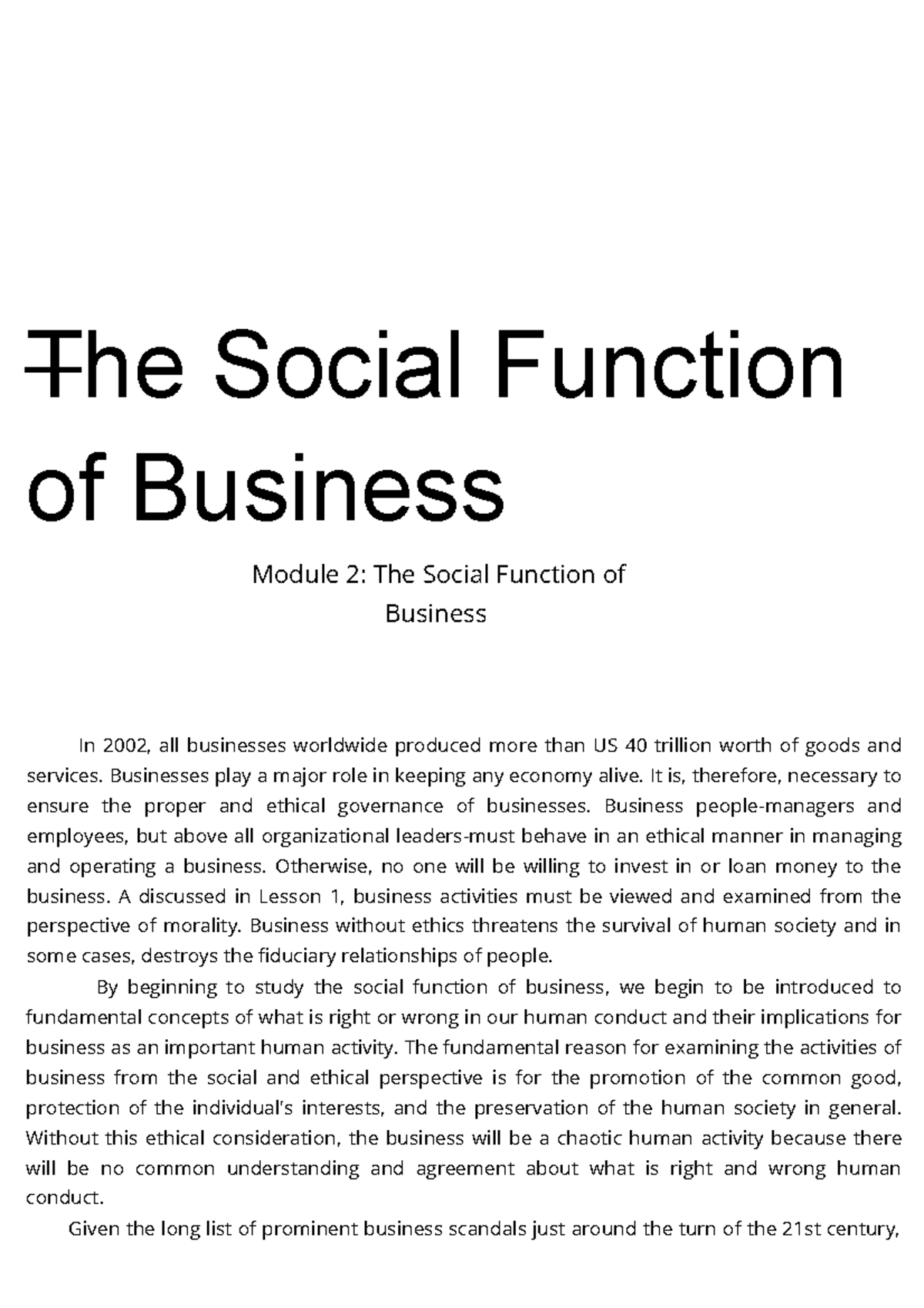 Business Ethics Module 2 - The Social Function of Business I C S Module ...