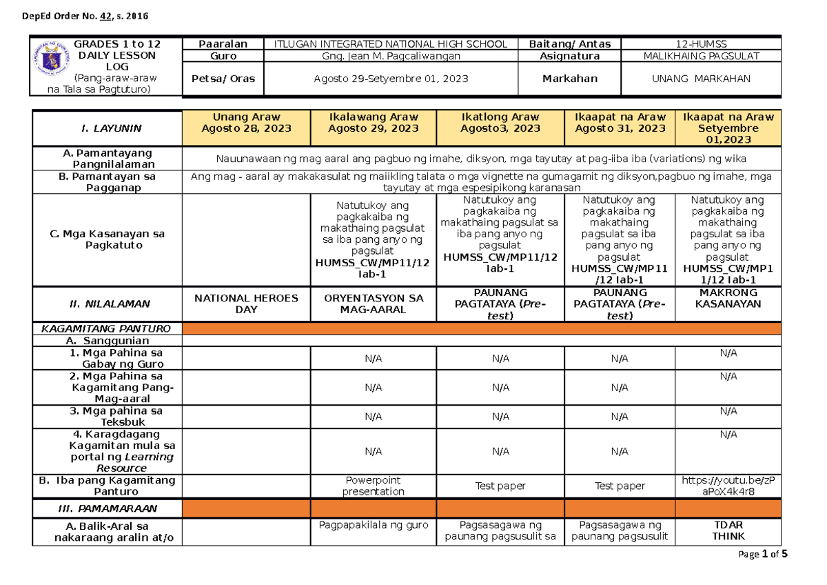 Q1-Week 1 Malikhaing Pagsulat - GRADES 1 to 12 DAILY LESSON LOG (Pang ...