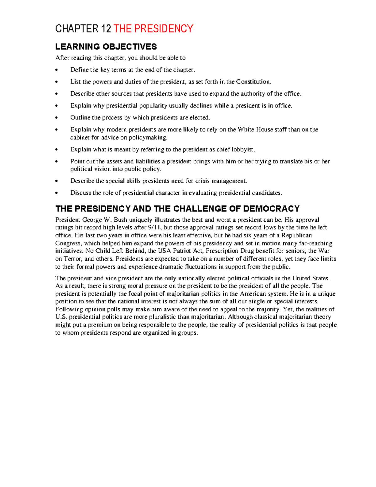 Ch12 The Presidency Exam - CHAPTER 12 THE PRESIDENCY LEARNING ...