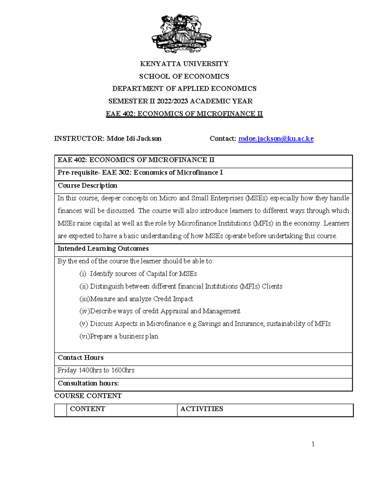 Microfinance II - Course Outline new - KENYATTA UNIVERSITY SCHOOL OF ...
