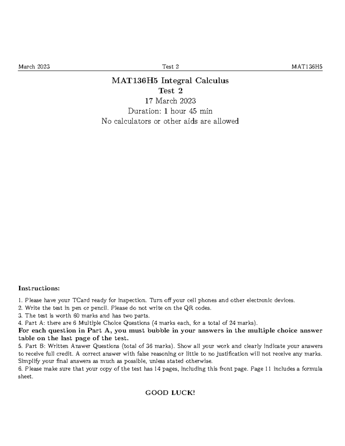 MAT136 Test 2 2023-2 - Tutorial answers - MAT136H5 Integral Calculus ...