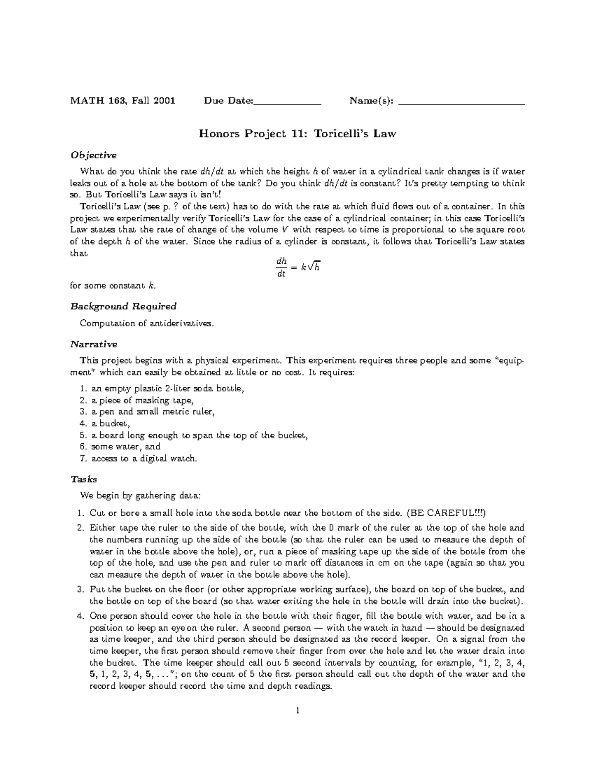 HP11 - Honor Projects for Math16500, IUPUI. For students enrolled in ...