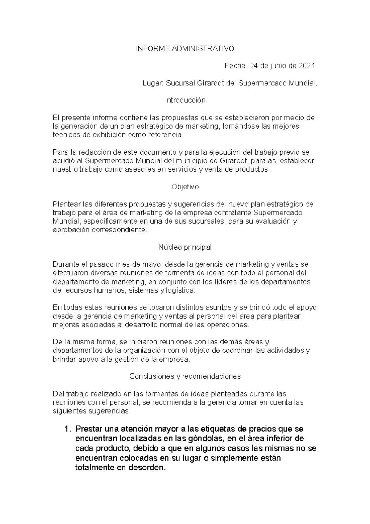 Informe Administrativo - INFORME ADMINISTRATIVO Fecha: 24 de junio de ...