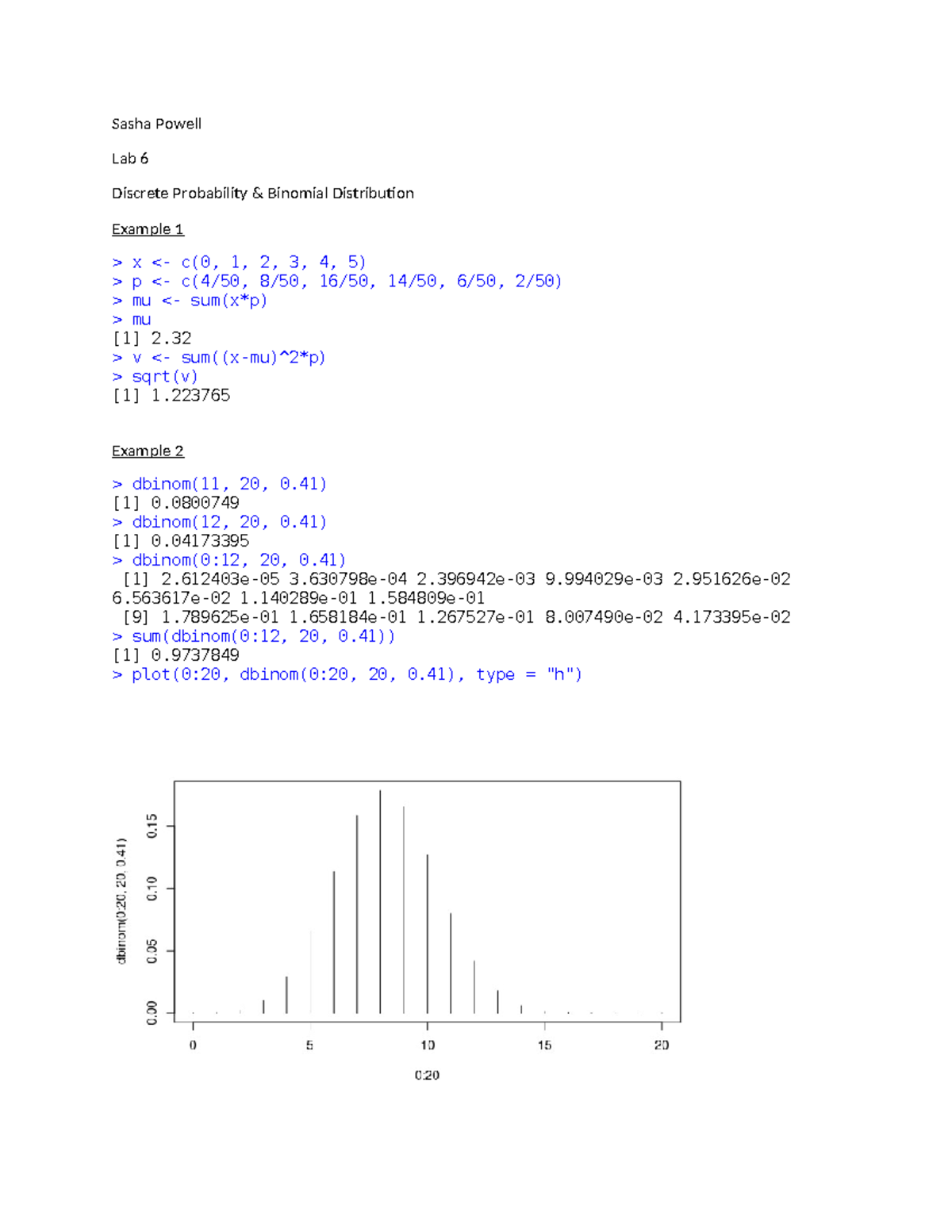 Lab 6 MAT 120 - Answers to Lab 6 - Sasha Powell Lab 6 Discrete Probability & Binomial - Studocu