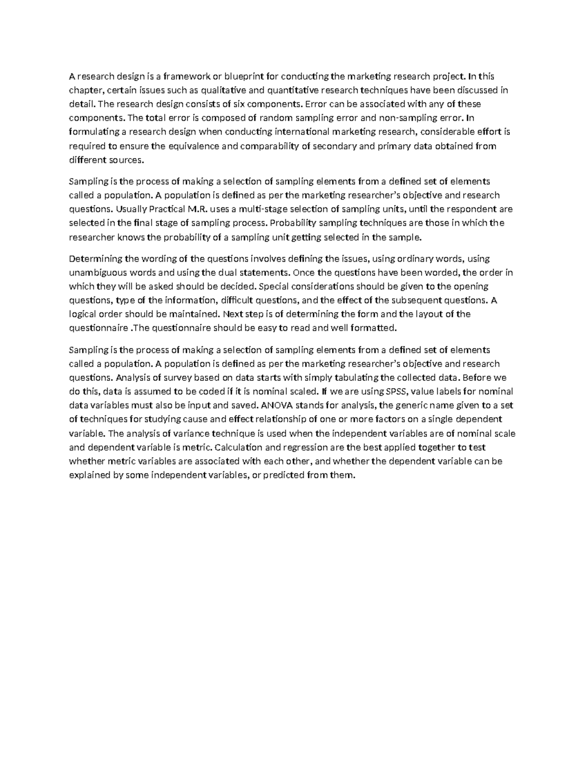 RM Course Summary - A research design is a framework or blueprint for conducting the marketing ...