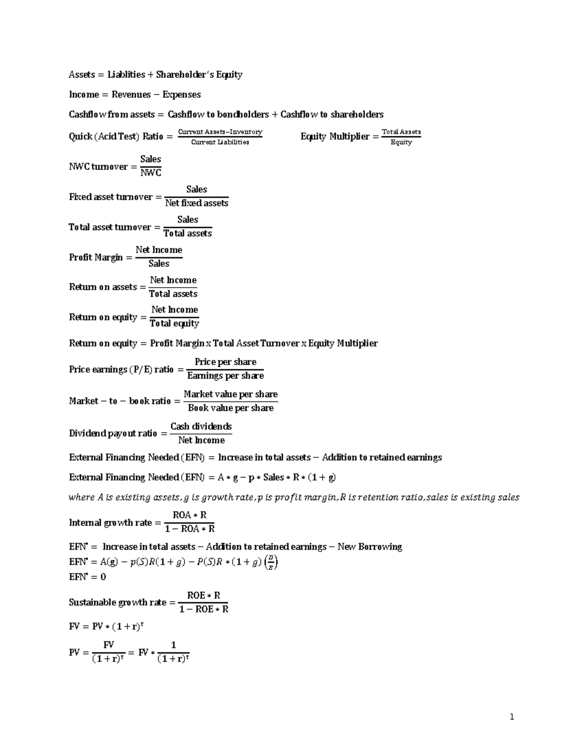 2310 - Sample Formula Sheet Final Exam - Assets = Liablities ...