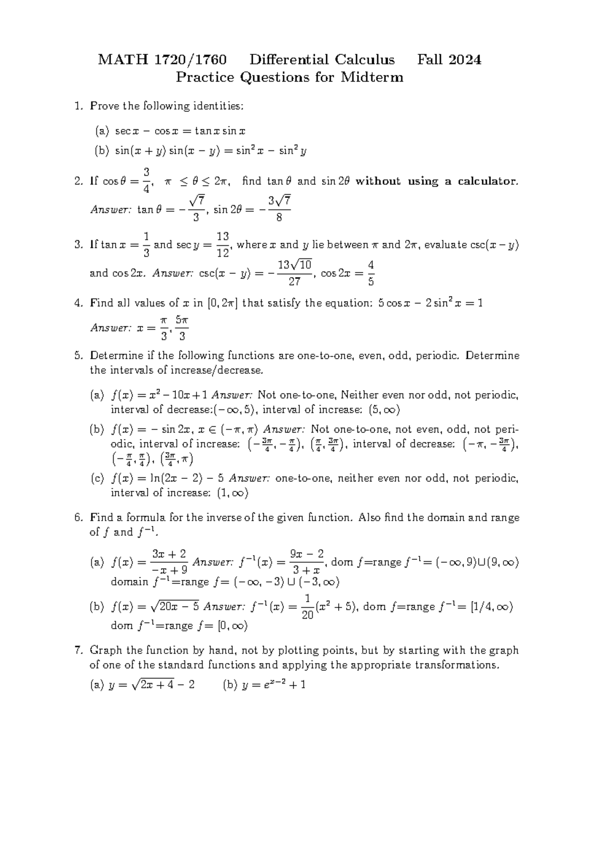 1720And1760Practice Midterm F24 - MATH 1720/1760 Differential Calculus Fall 2024 Practice ...