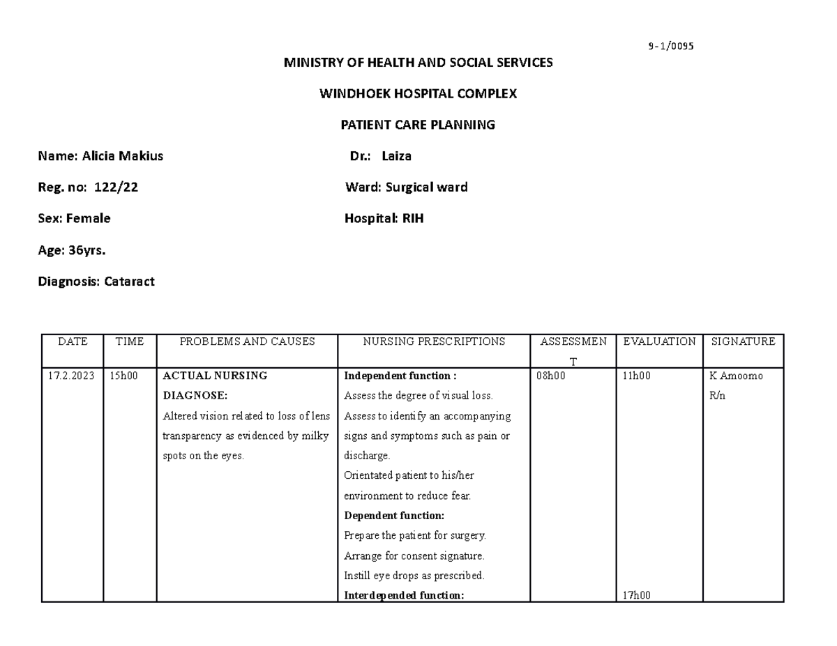 Care plan example - notes - 9- 1/ MINISTRY OF HEALTH AND SOCIAL ...