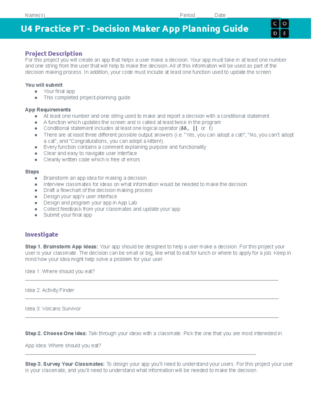 CSP U4 Practice PT Planning Guide - Name(s