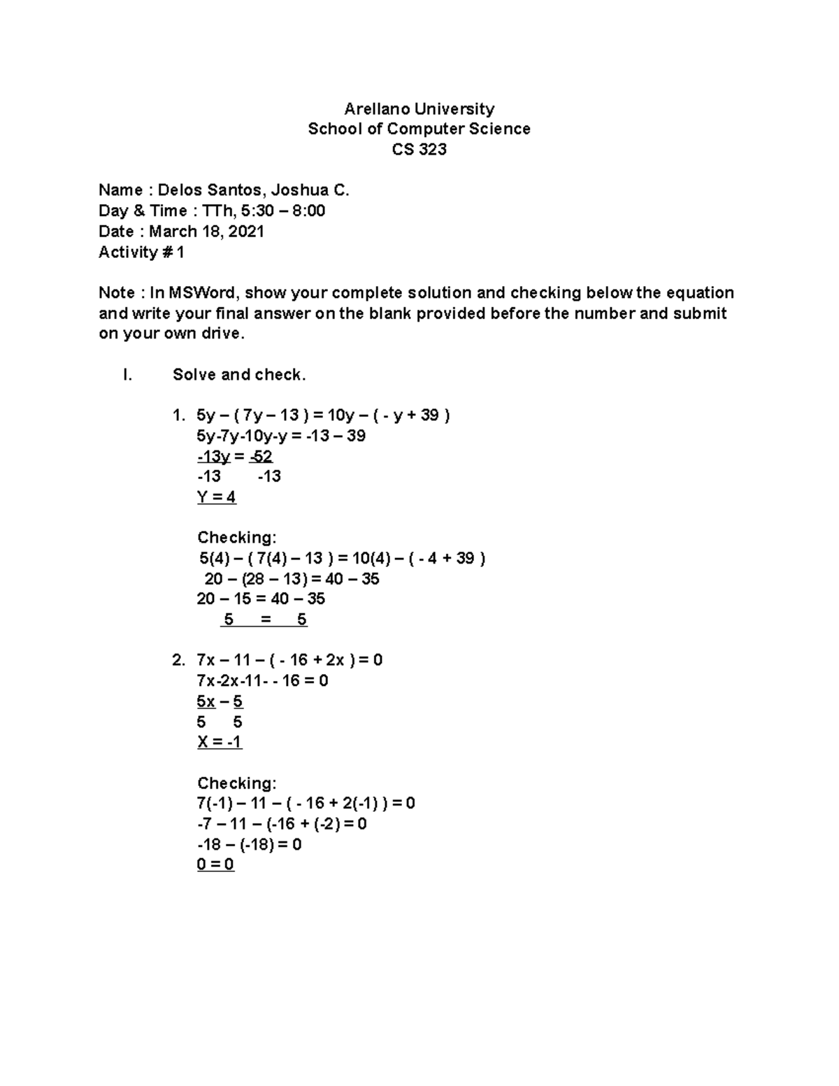 Activity 1CS323Semifinal - Arellano University School of Computer Science CS 323 Name : Delos ...