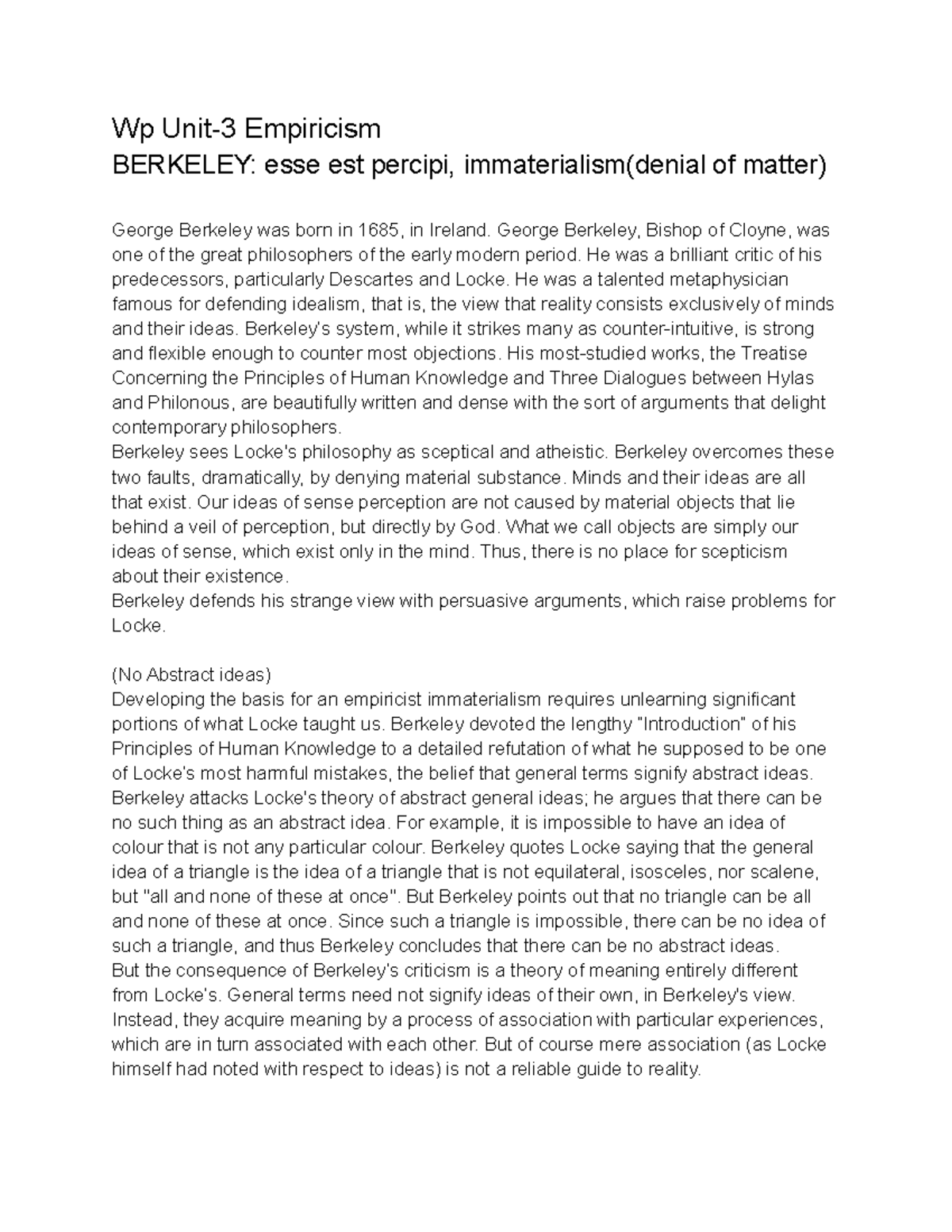 Berkeley wp - Philosophy honours - Wp Unit-3 Empiricism BERKELEY: esse est percipi, - Studocu