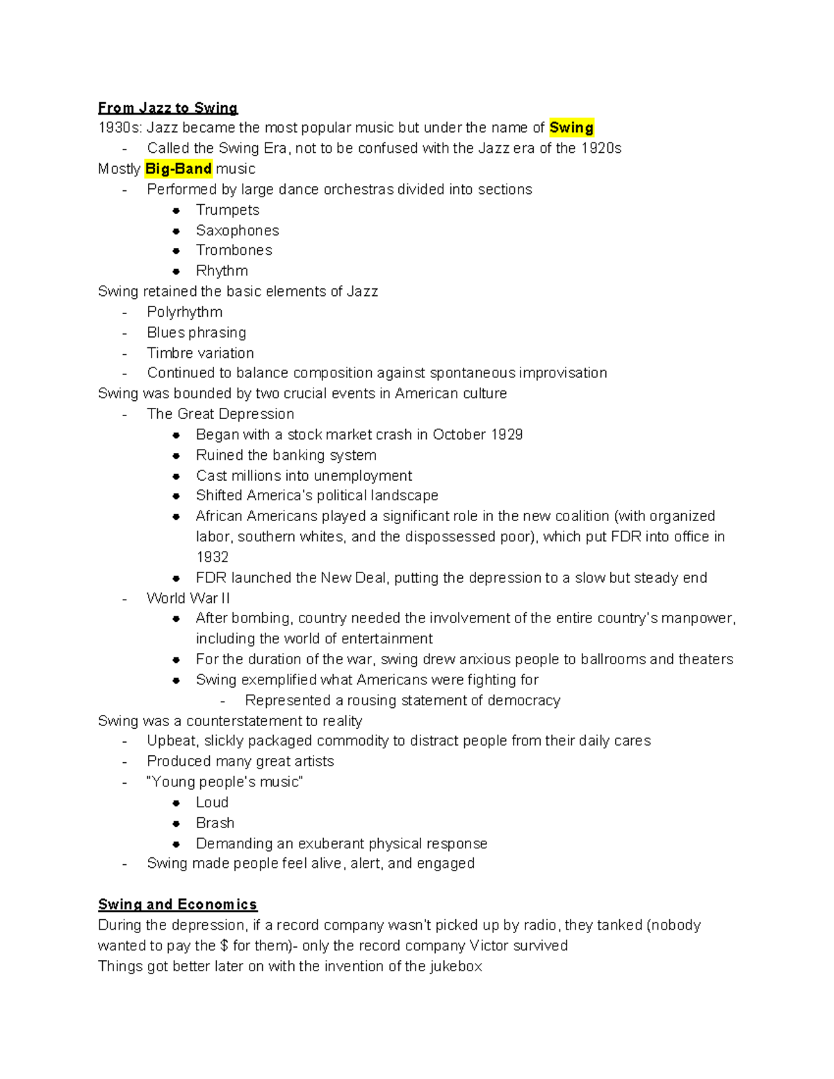 History of Jazz Chapter 5 notes - From Jazz to Swing 1930s: Jazz became ...