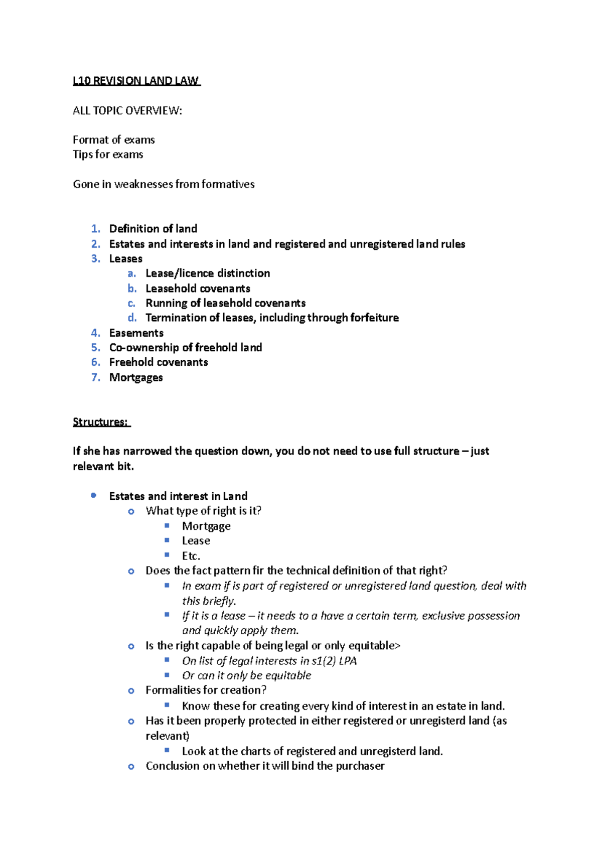 Revision LAND LAW - L10 REVISION LAND LAW ALL TOPIC OVERVIEW: Format of ...