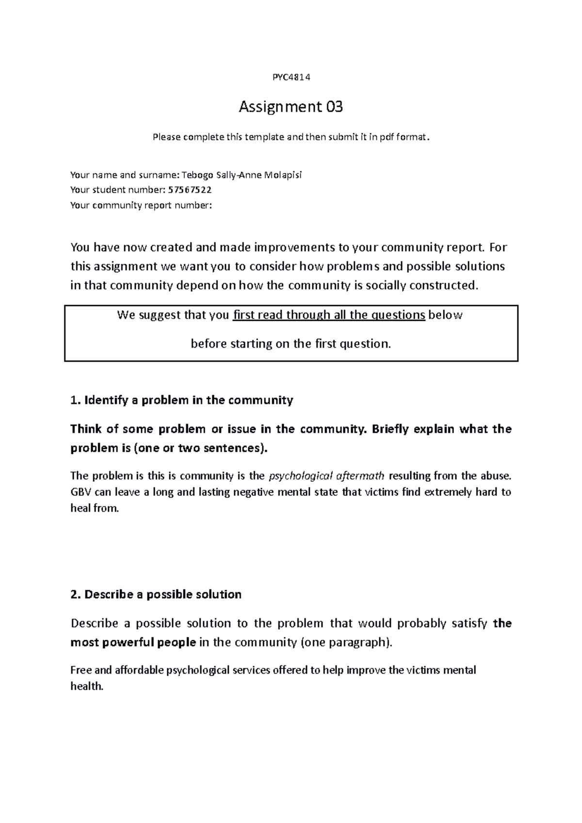 Assignment 03 template - PYC Assignment 03 Please complete this template and then submit it in ...