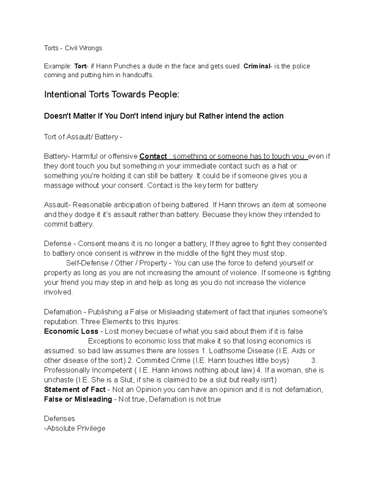 Buisness Law Notes - These are note from professor Hann - Torts - Civil ...