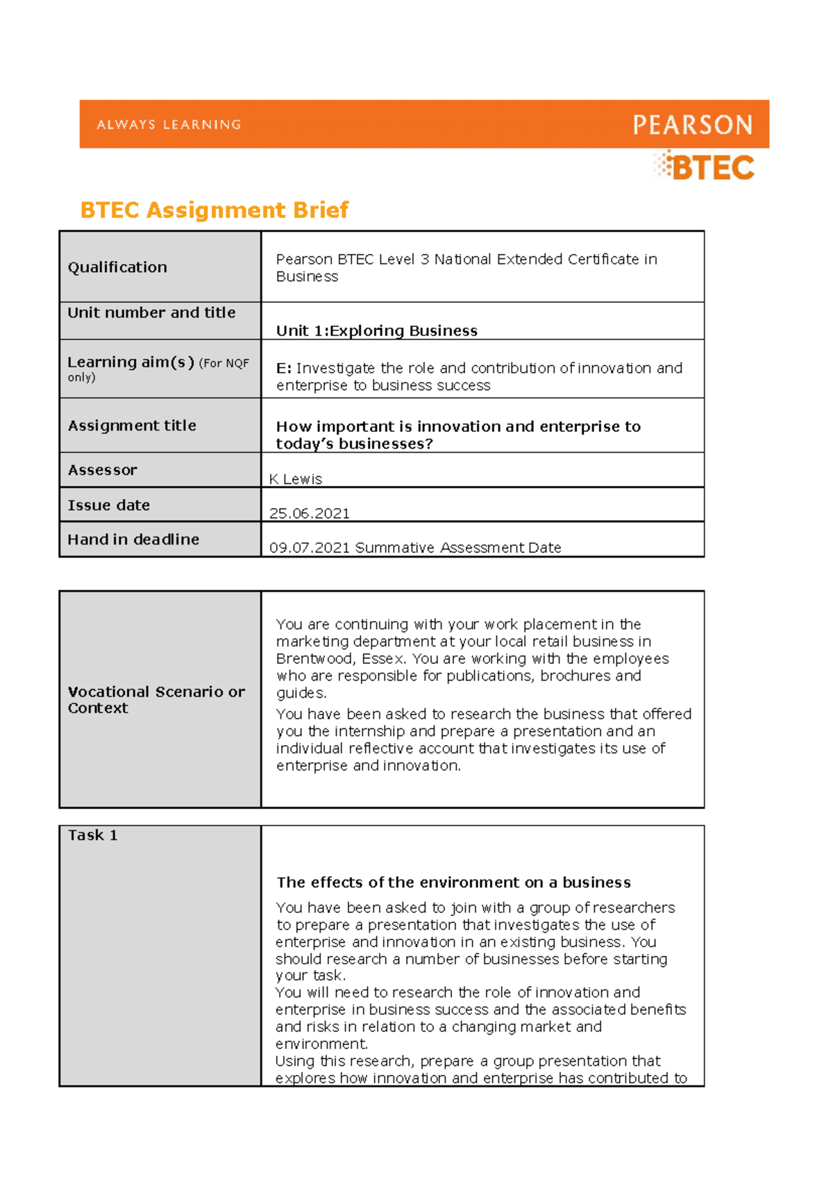 business assignment - BTEC Assignment Brief Qualification Pearson BTEC ...