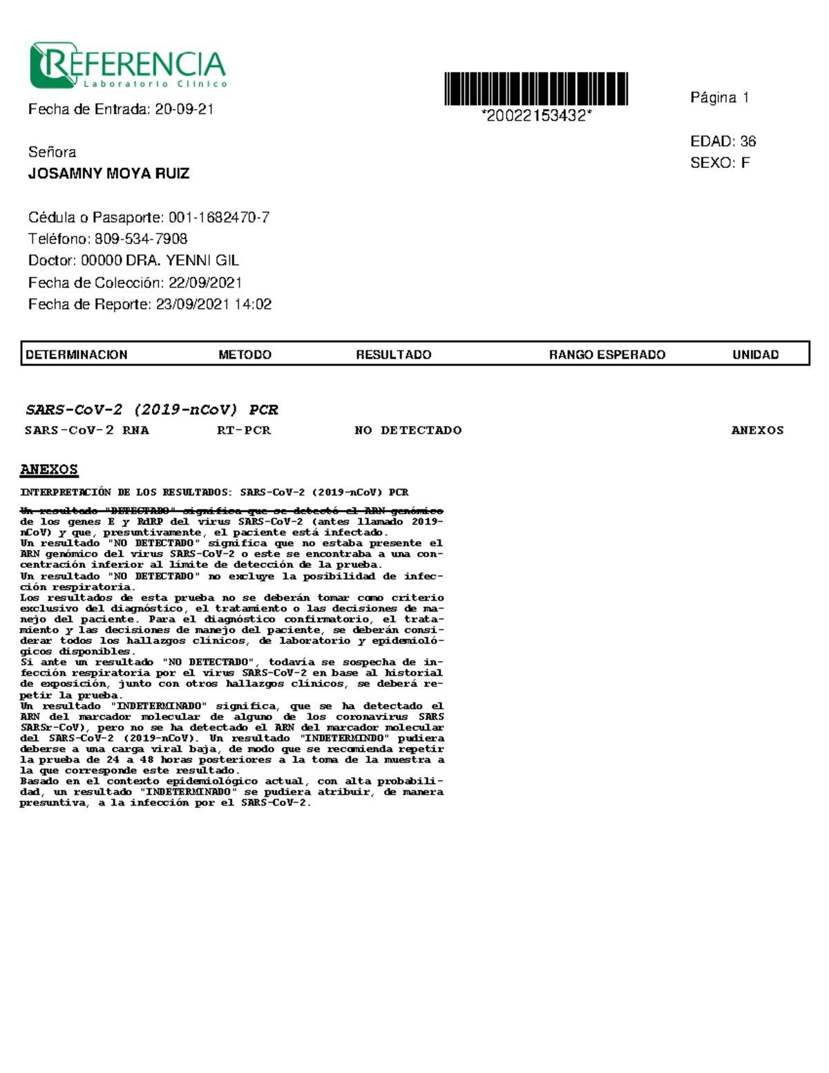 Prueba PCR - Covid-19 Negativa Referencia - Fecha de Entrada: 20-09 ...