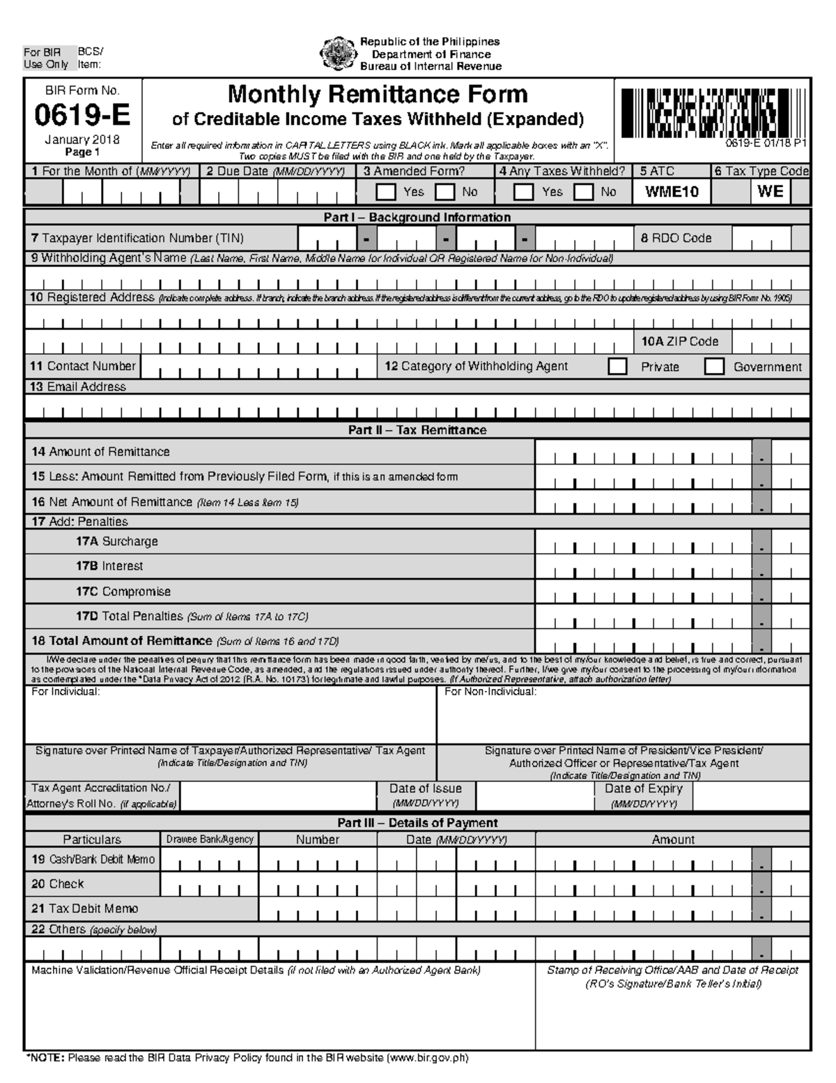 BIR FORM NO. 0619-E - dsMm:M:LGR?W - 1 For the Month of (MM/YYYY) 2 Due ...