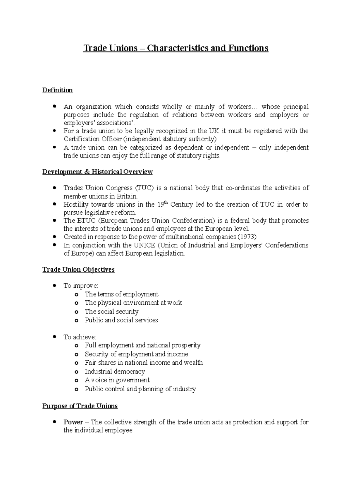 Trade Unions – Characteristics and Functions - Development Historical ...